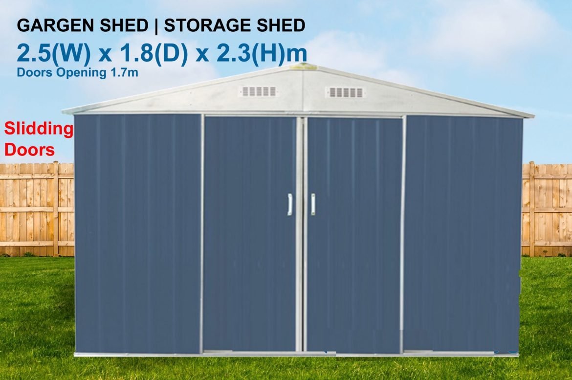Garden Shed 2.5(W)x1.8(D)x2.3(H)m Extra High Gable Roof with Sliding ...