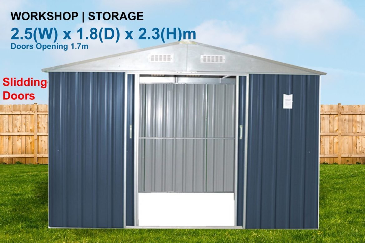 Garden Shed 2.5(W)x1.8(D)x2.3(H)m Extra High Gable Roof with Sliding ...
